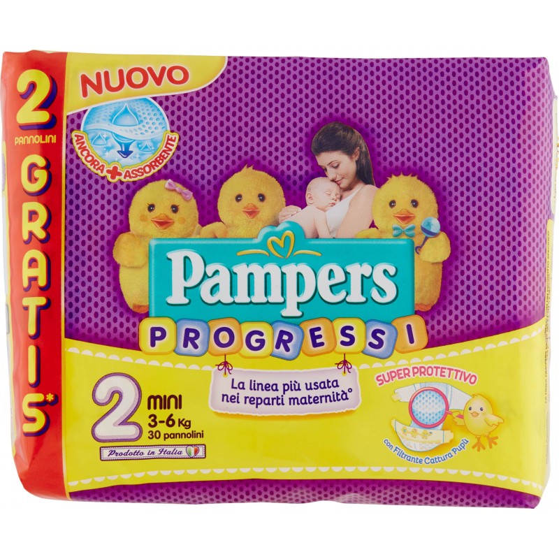 Pampers Progressi Mini Tg. 2 Pannolini Per Bambini kg. 3-6 Conf. da 30